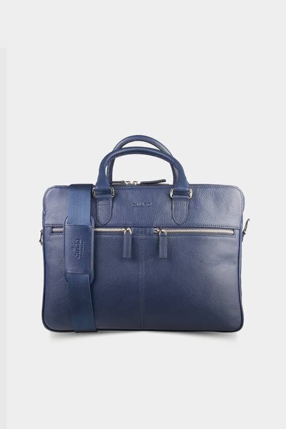 3-Compartment Navy Blue Leather Briefcase